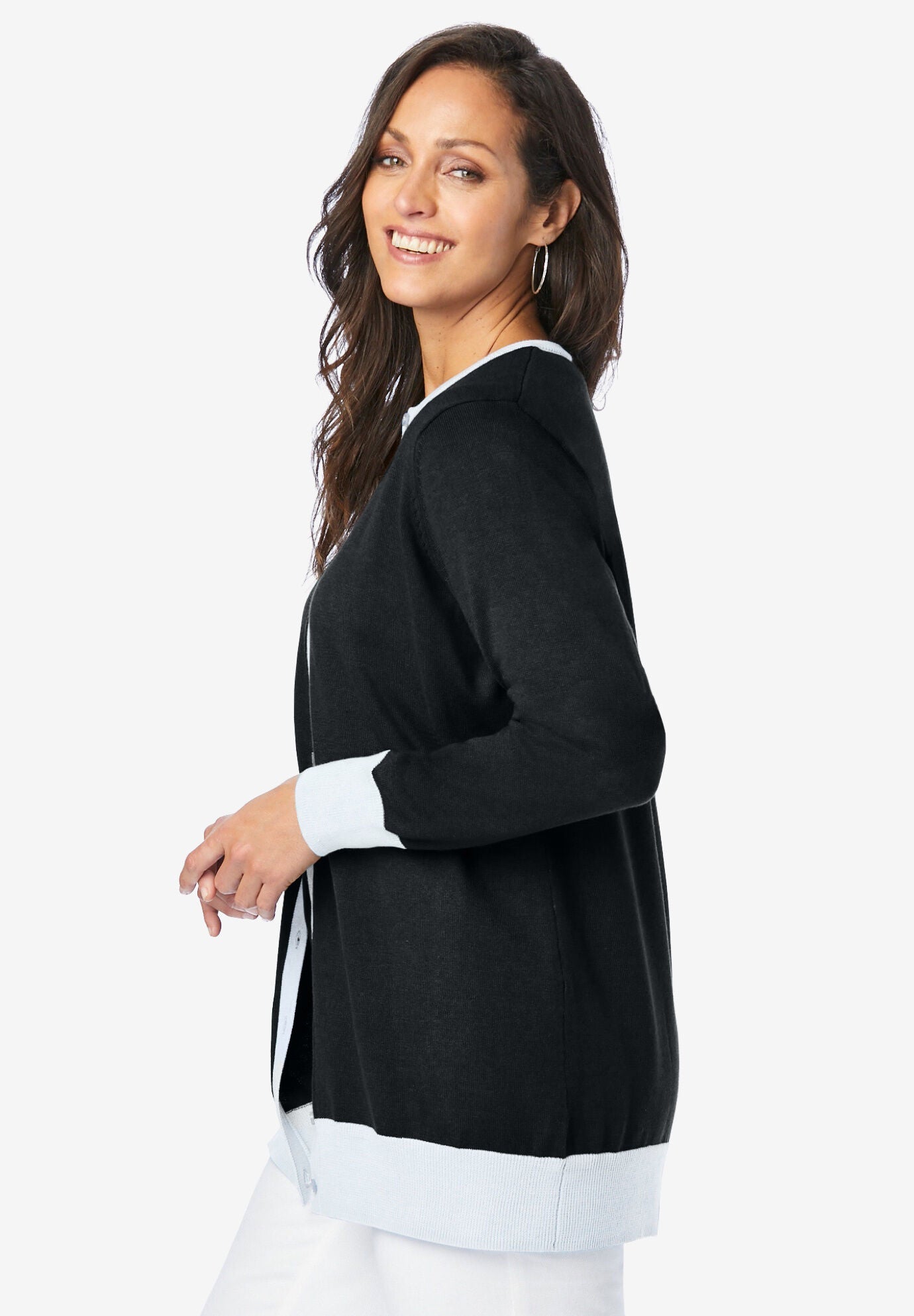 Ladies' Fine Gauge Cardigan, Black White | Jessica London