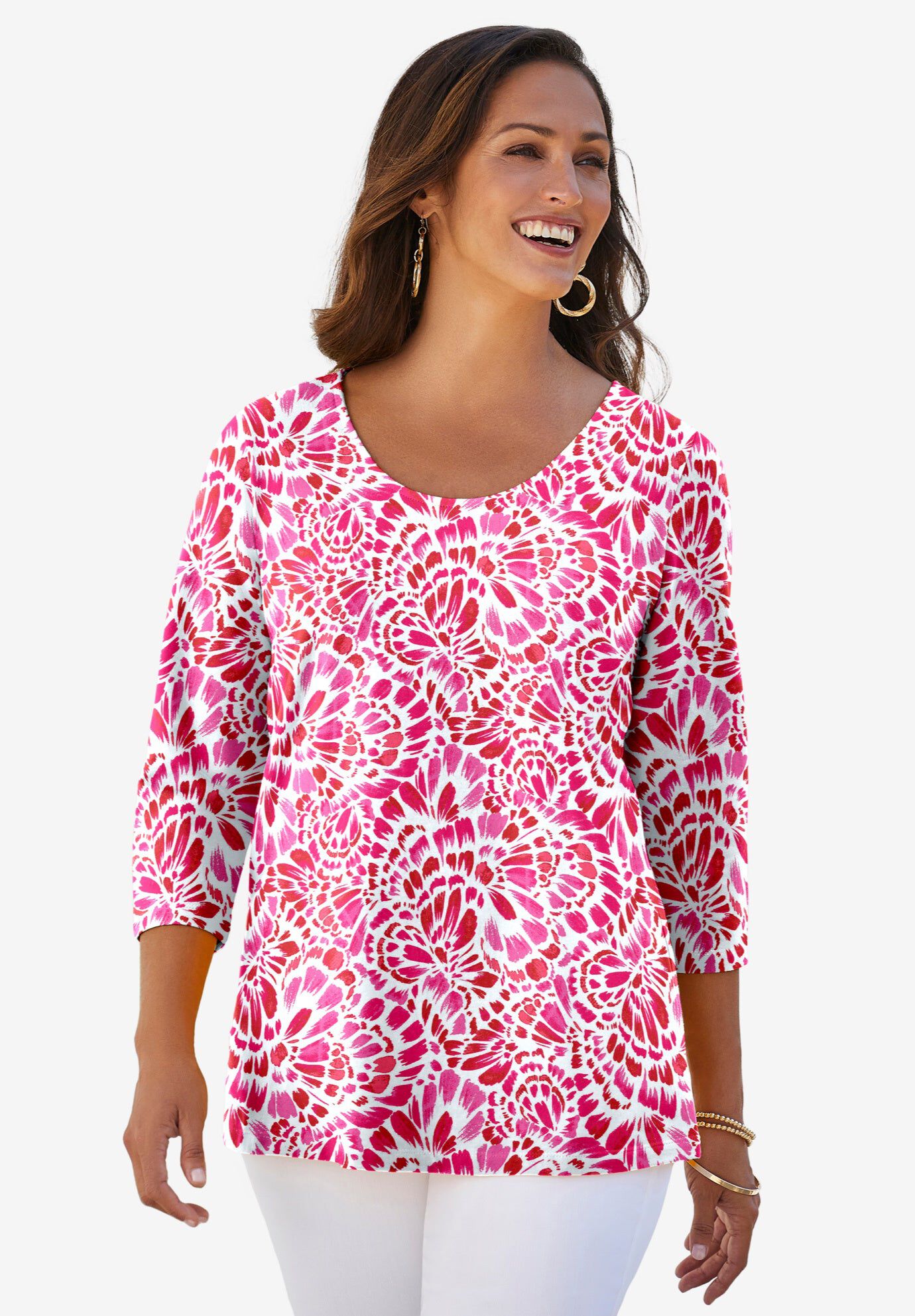 Ladies' Stretch Cotton Scoop Neck Tee, White | Jessica London