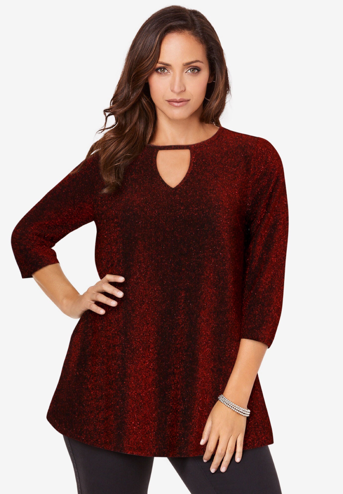 Ladies' Keyhole Shimmer Tunic, Red Shimmer | Jessica London