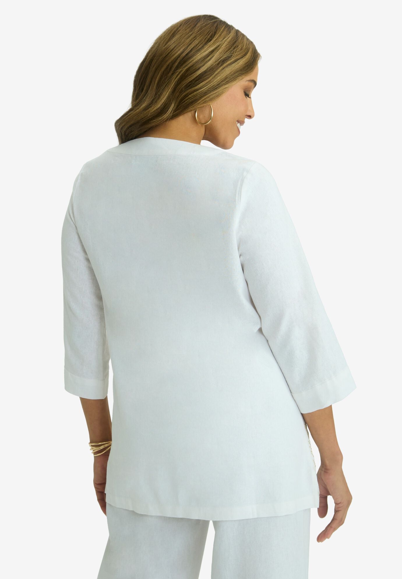 Ladies' Linen V-Neck Embroidered Tunic, White Leaf Embroidery | Jessica ...