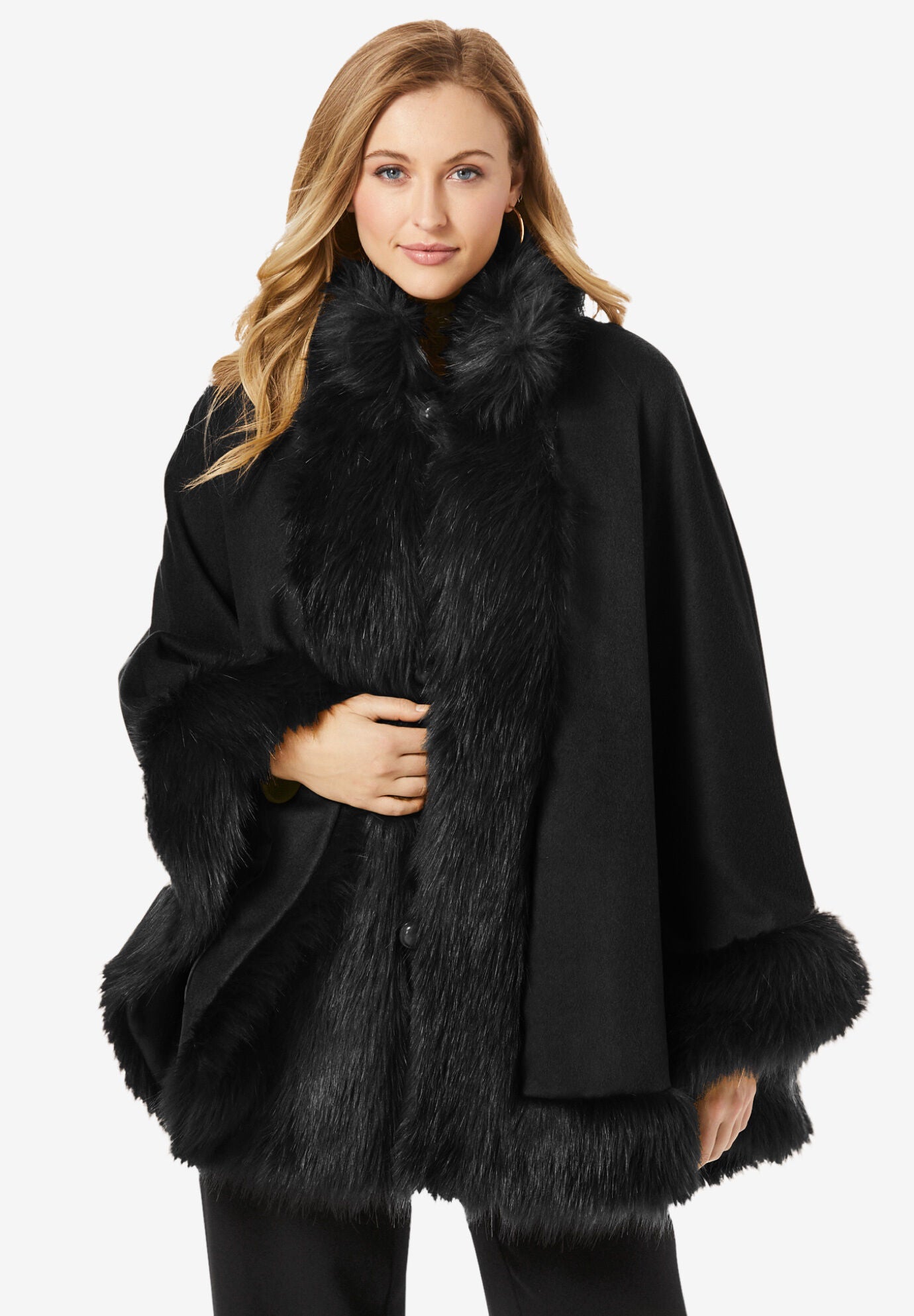 Ladies' Faux Fur Trim Wool Cape, Black | Jessica London