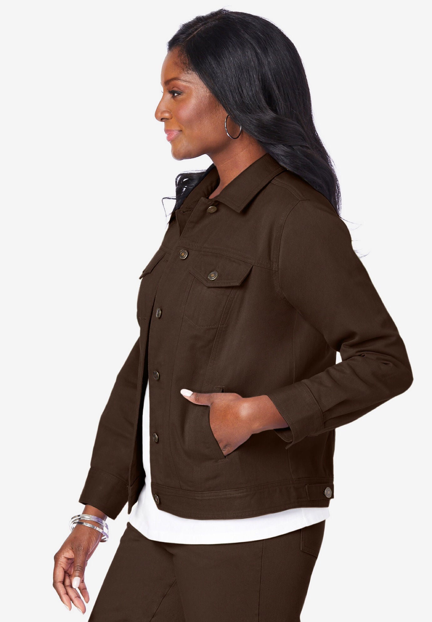 Ladies' Classic Cotton Denim Jacket, Chocolate | Jessica London