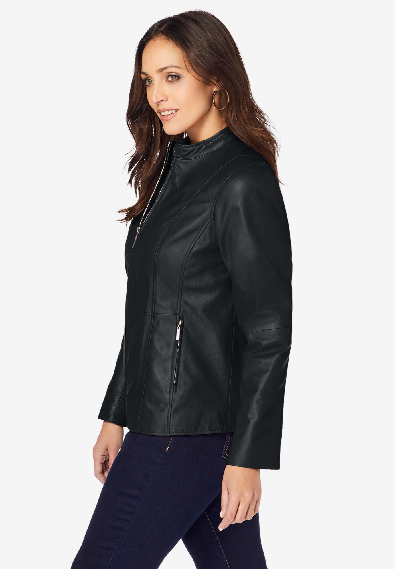 Ladies' Zip Front Leather Jacket, Black | Jessica London