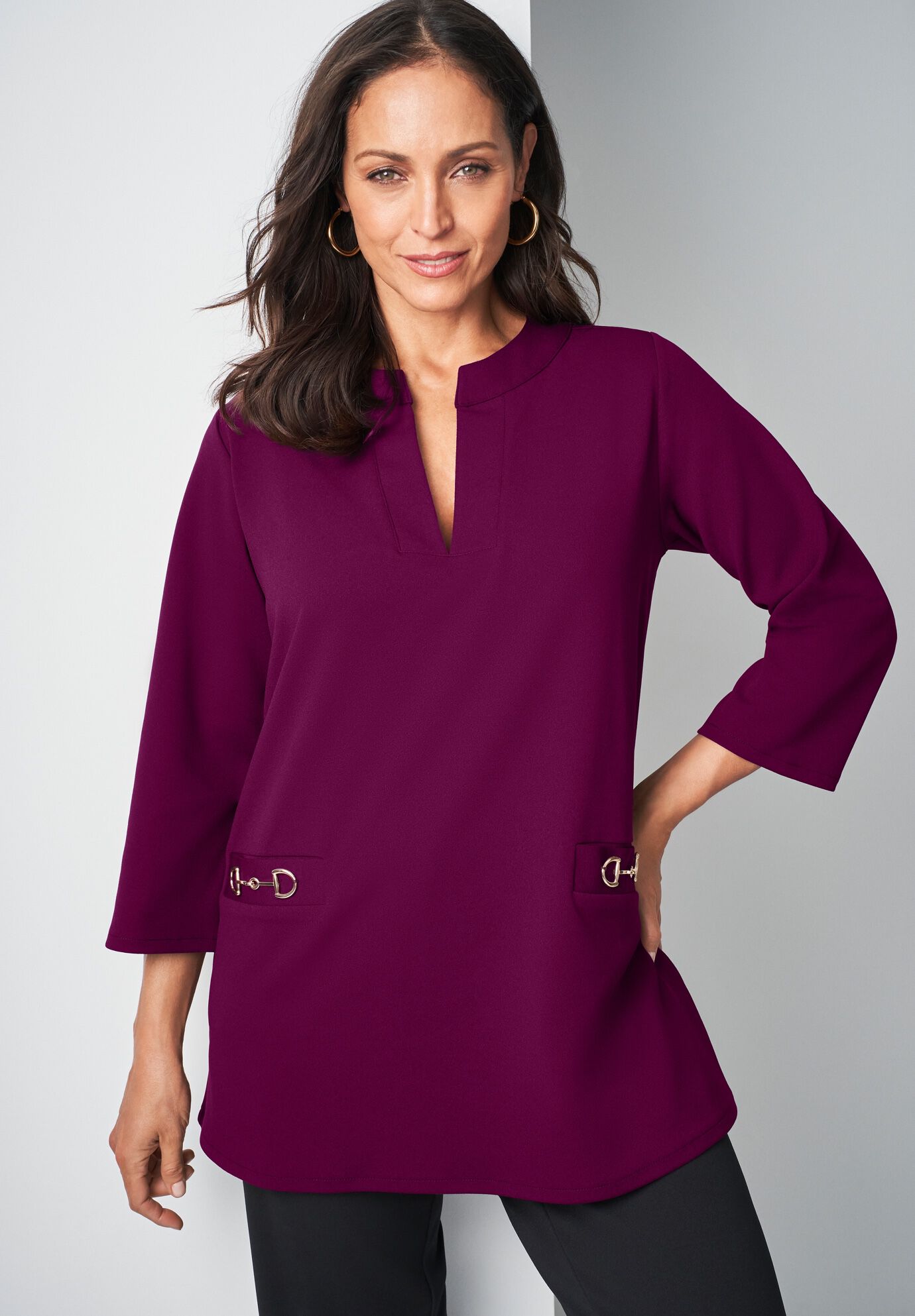Gold Detail Split Neck Stretch Knit Tunic | Jessica London