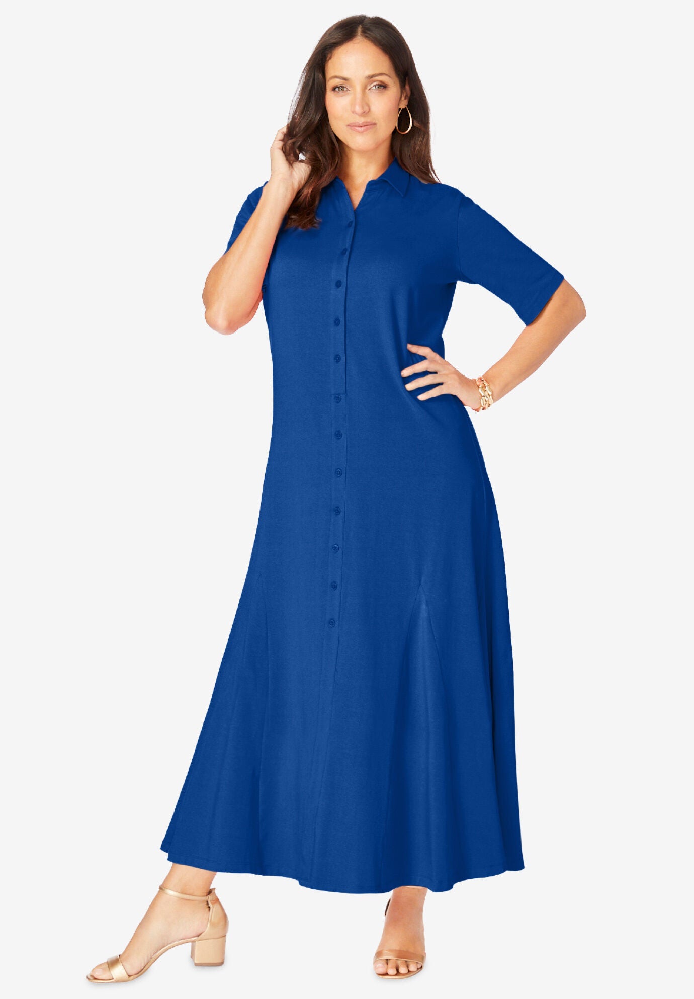 Ladies' Stretch Cotton Button Front Maxi Dress, Dark Sapphire | Jessica ...
