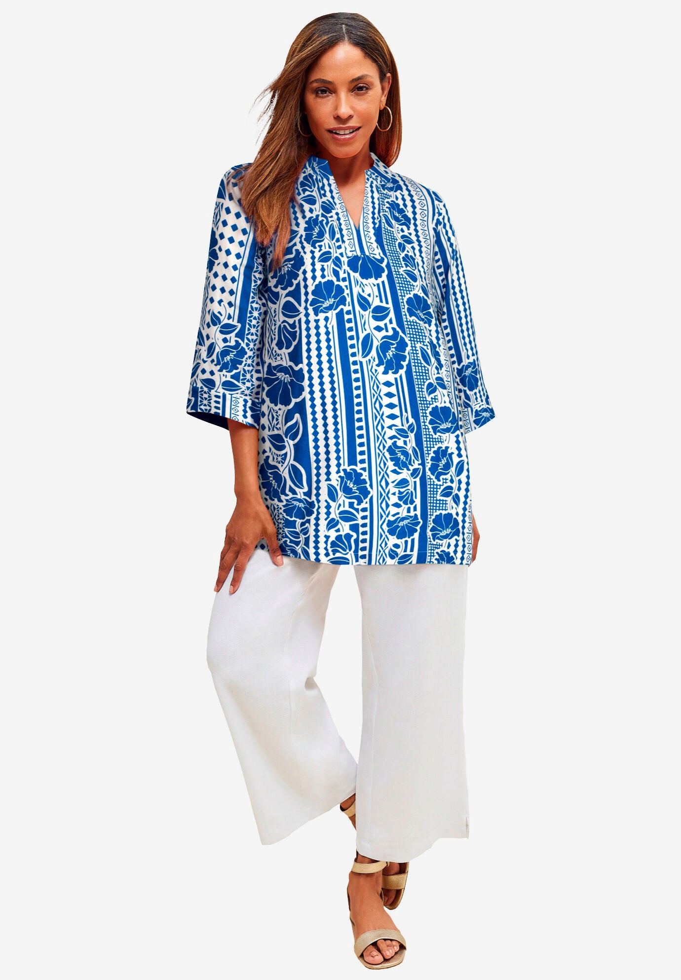 Linen V-Neck Embroidered Tunic | Jessica London