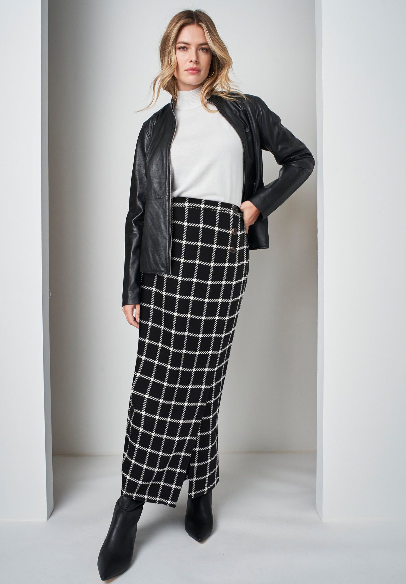 Work Side-Button Wool Skirt, Grey Herringbone | Jessica London