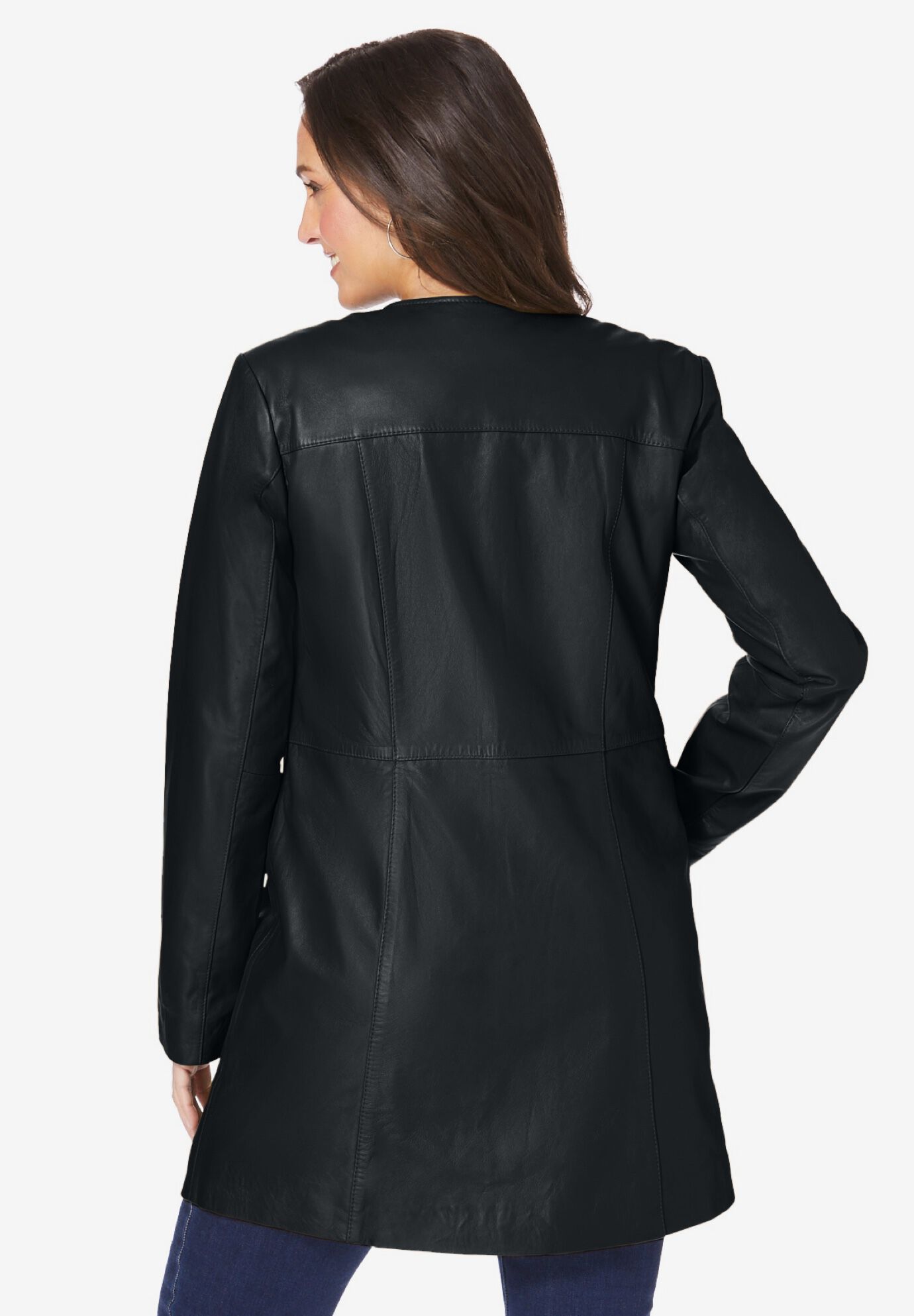 Professional Three-Quarter Leather Jacket, Black | Jessica London