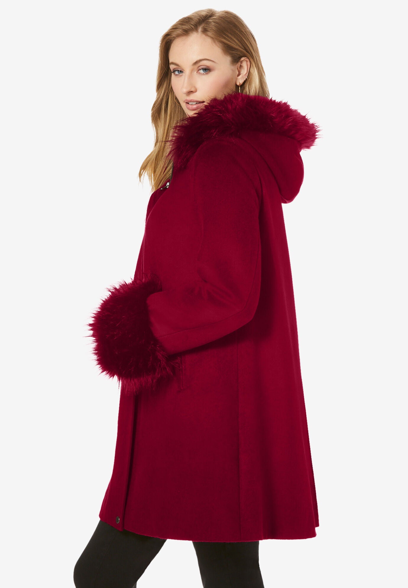 Hooded Faux Fur Trim Coat | Jessica London