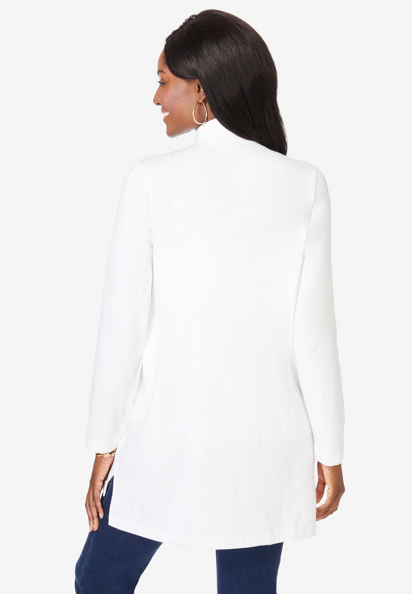 Ladies' Stretch Cotton Zip Front Hi-Low Jacket, White | Jessica London