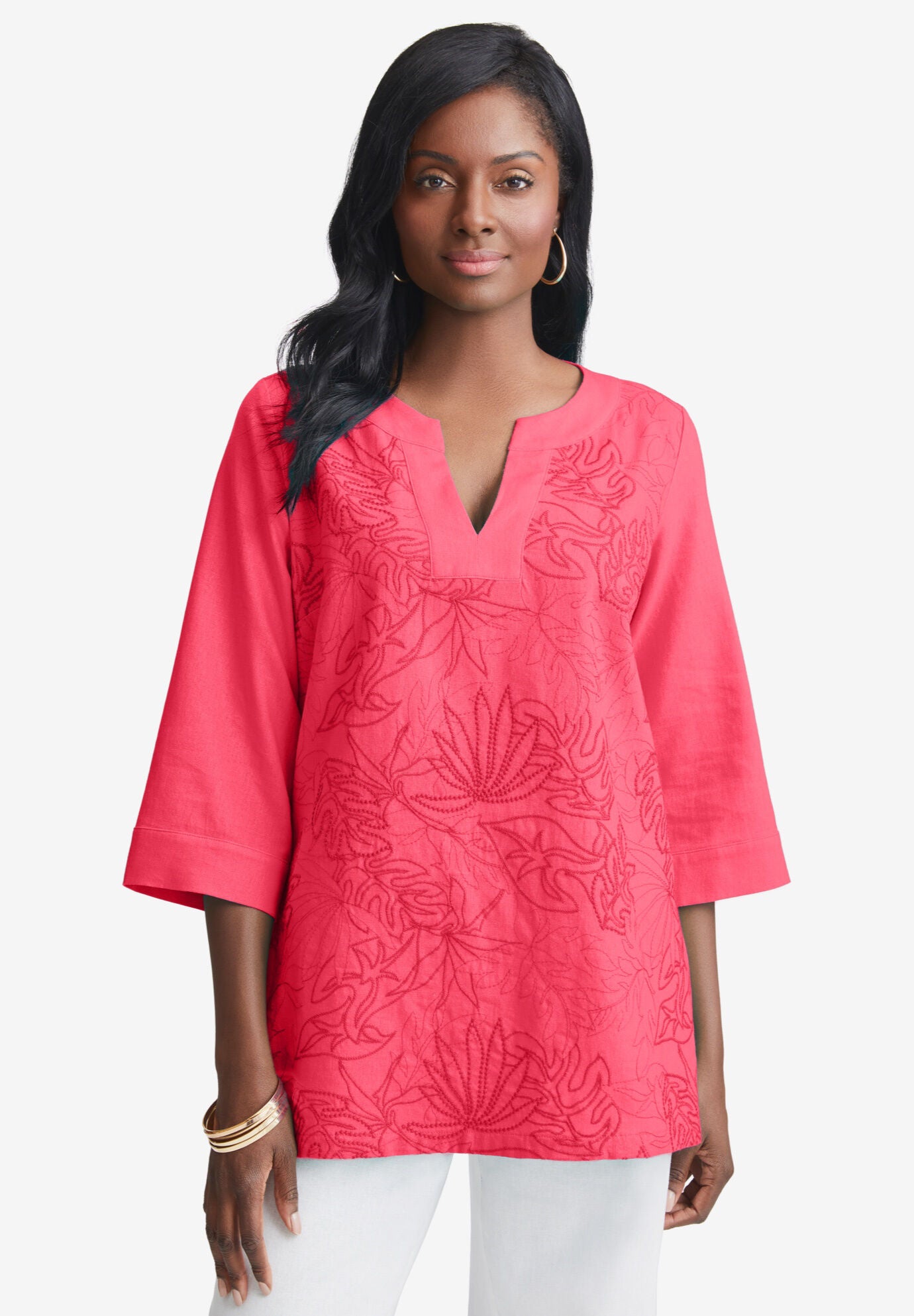 Linen V-Neck Embroidered Tunic | Jessica London
