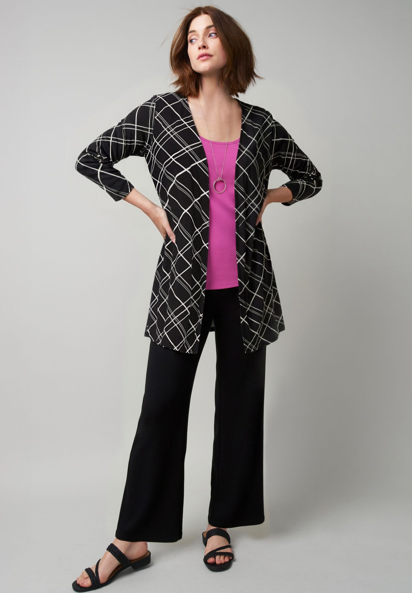 Work Everyday Stretch Knit Open Front Cardigan, Black Bias Stripe ...