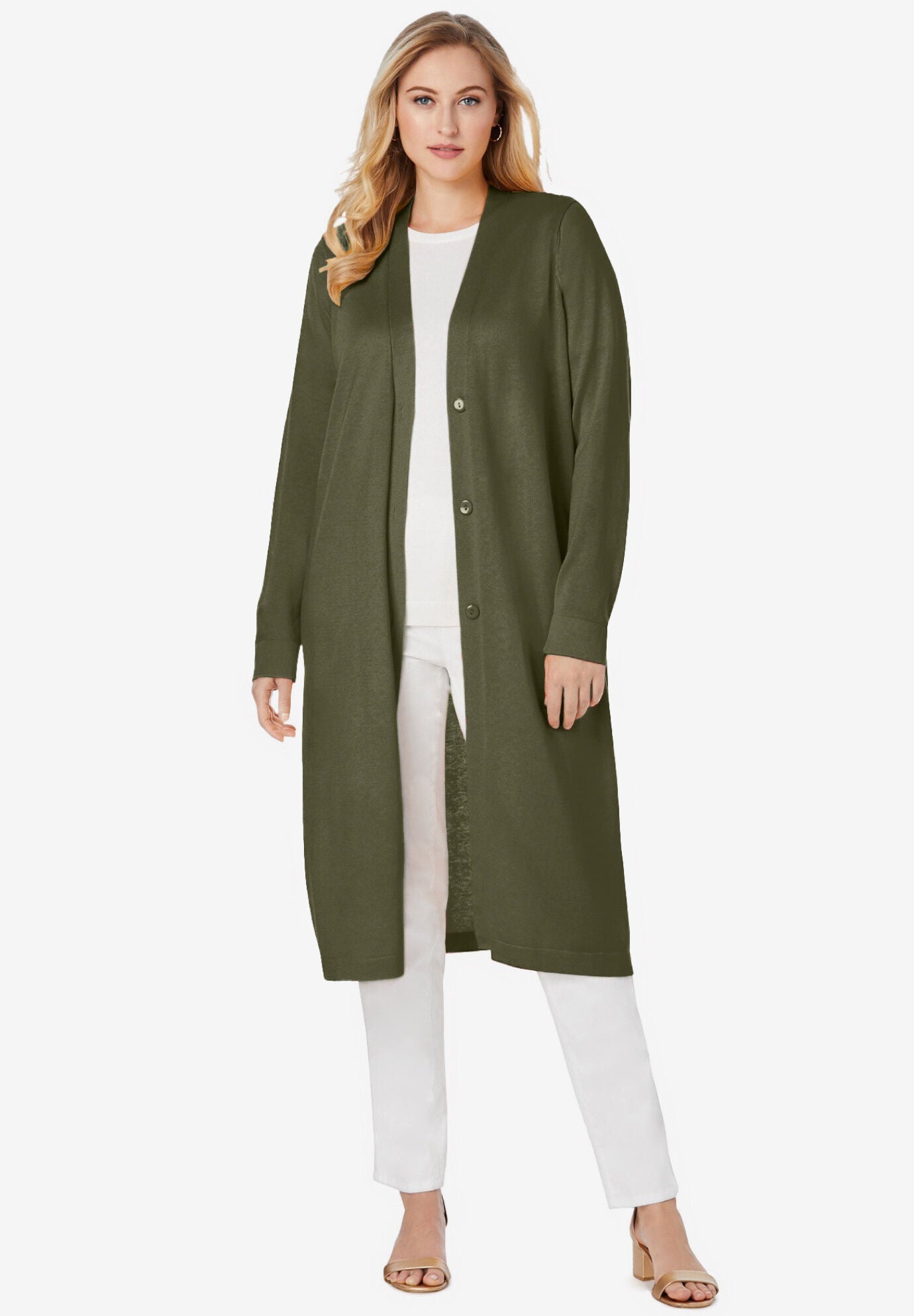 Work Fine Gauge Duster Cardigan, Dark Olive Green | Jessica London