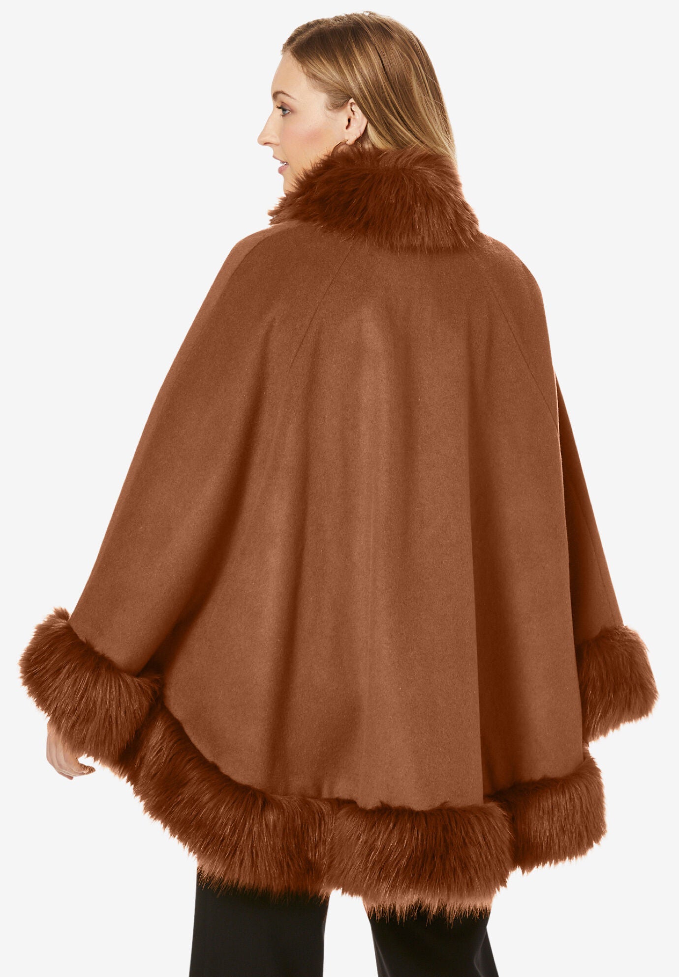 Ladies' Faux Fur Trim Wool Cape, Cognac | Jessica London