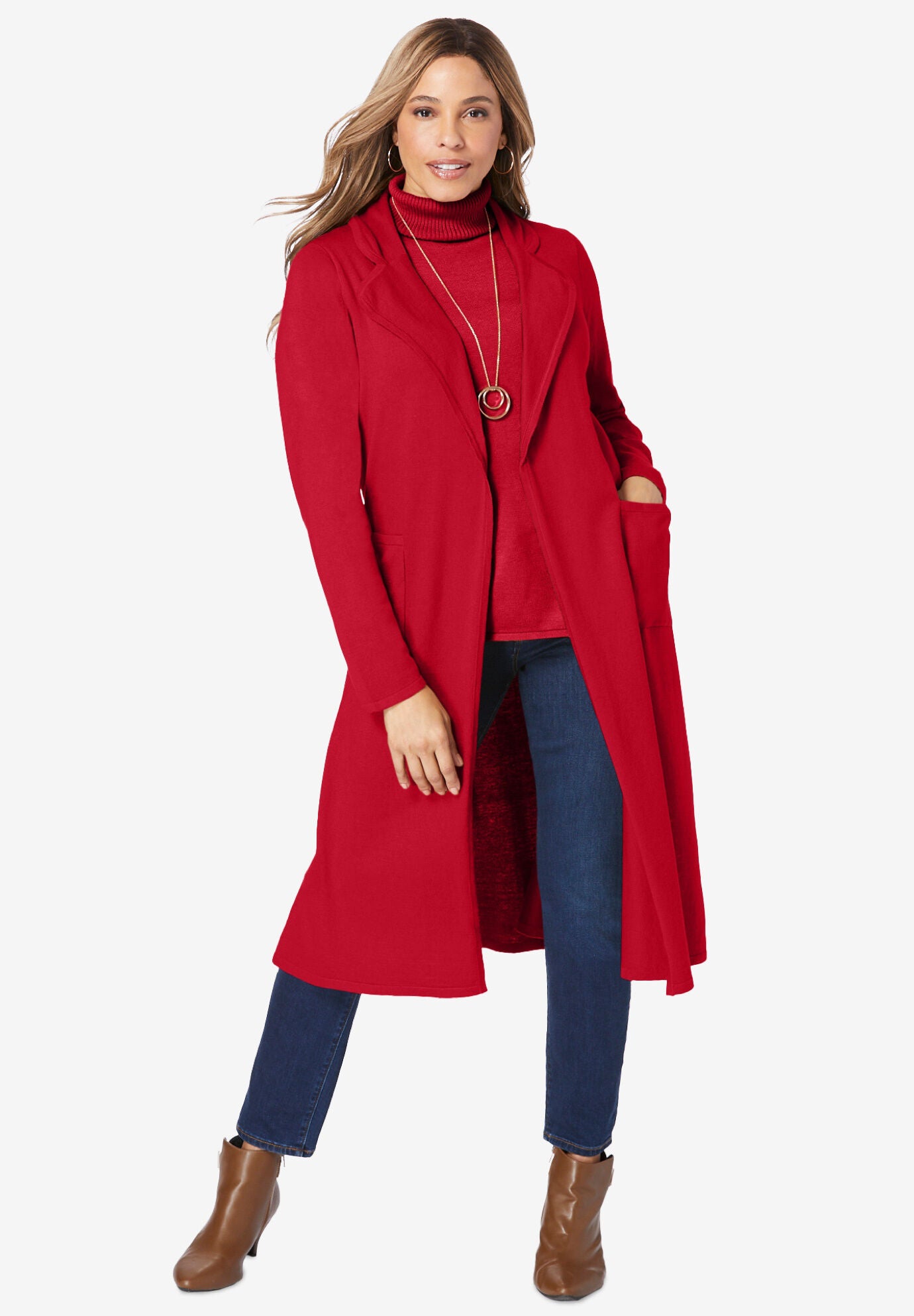 Ladies' Cashmere Collared Duster, Classic Red | Jessica London