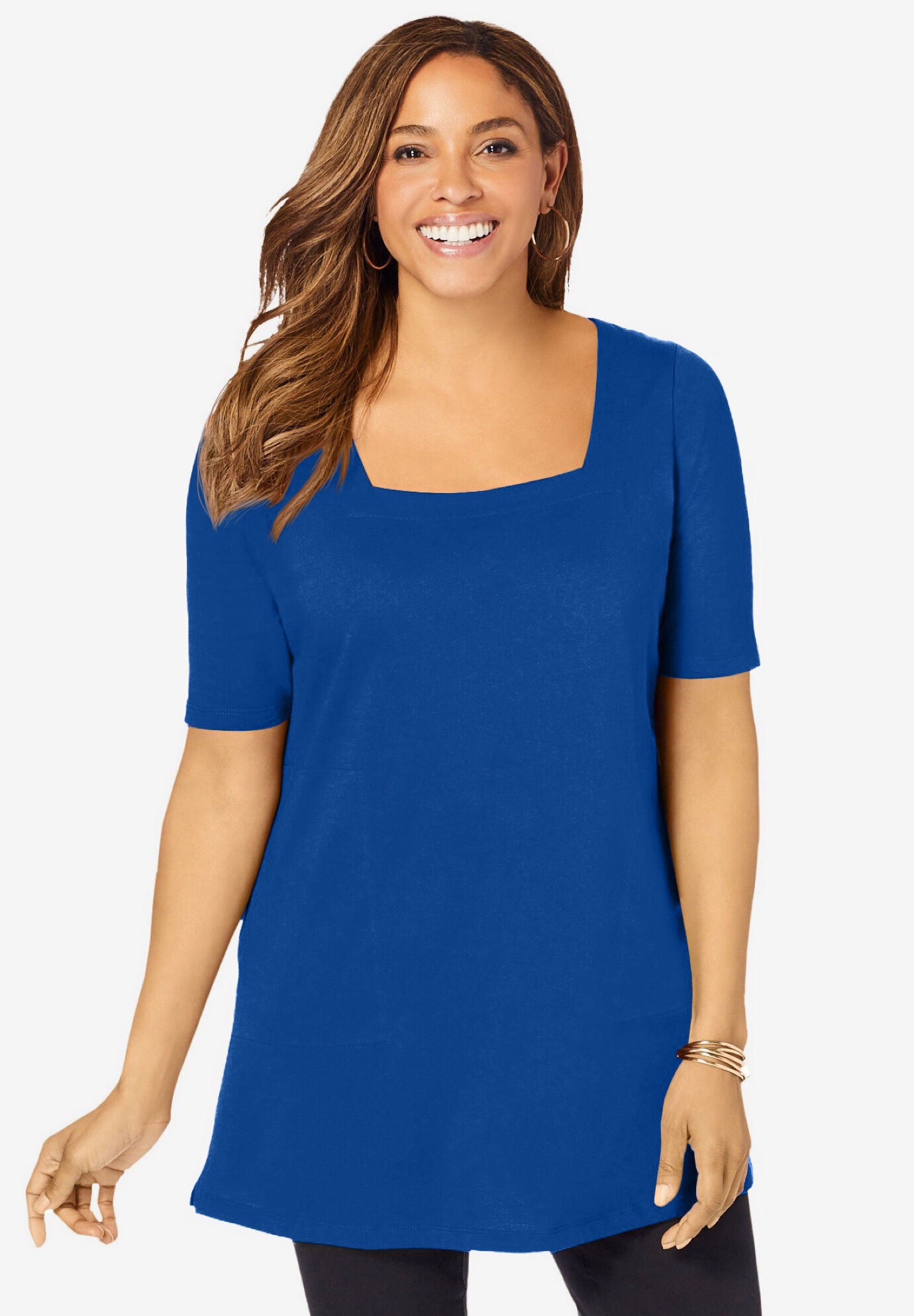 Ladies' Stretch Cotton Square Neck Tunic, Dark Sapphire | Jessica London