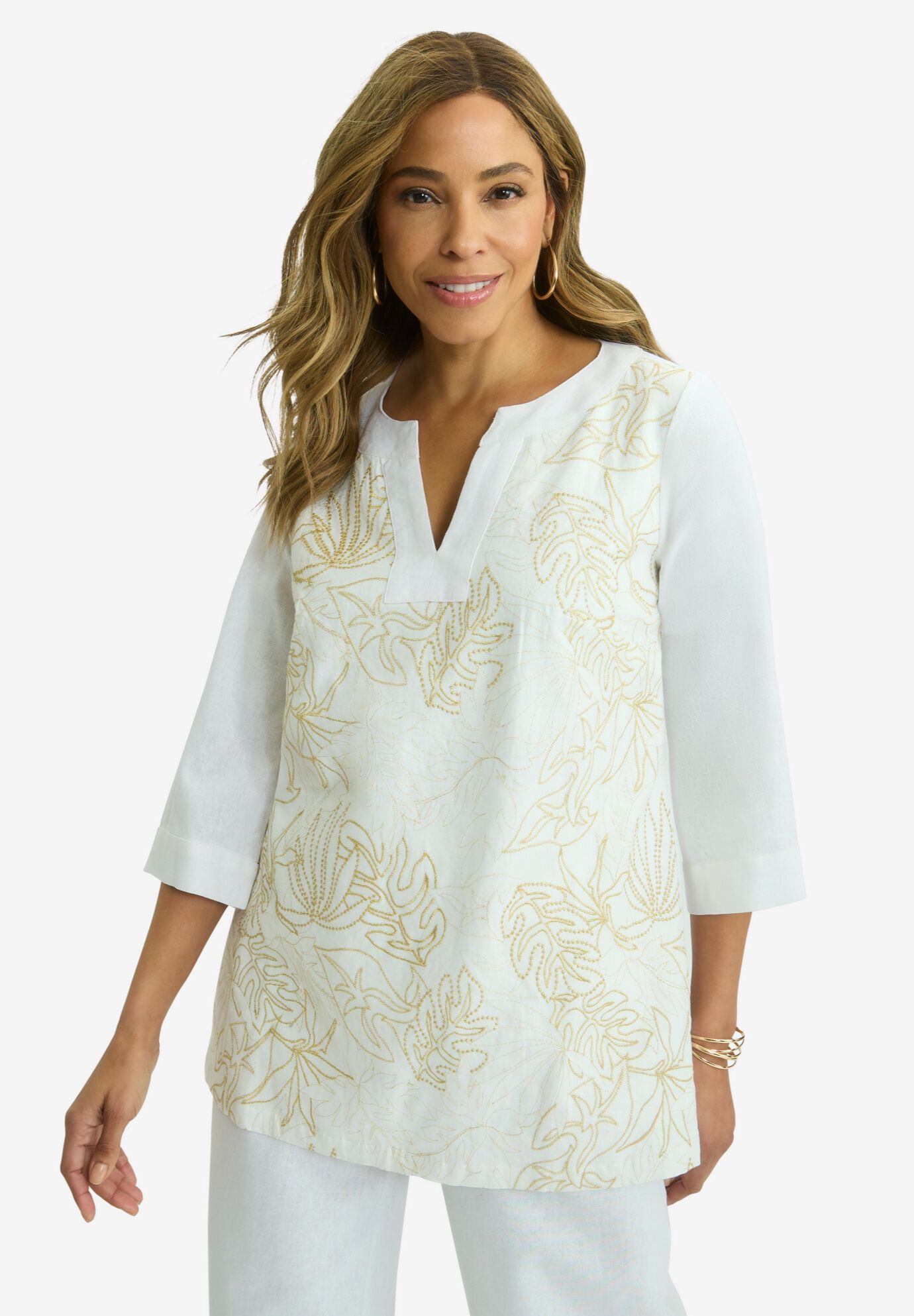 Ladies' Linen V-Neck Embroidered Tunic, White Leaf Embroidery | Jessica ...