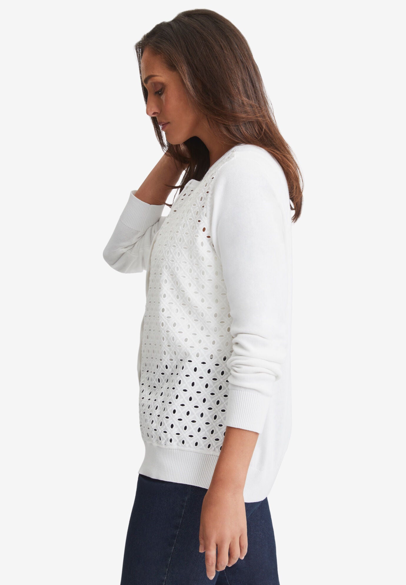 Ladies' Fine Gauge Eyelet Cardigan, Black | Jessica London