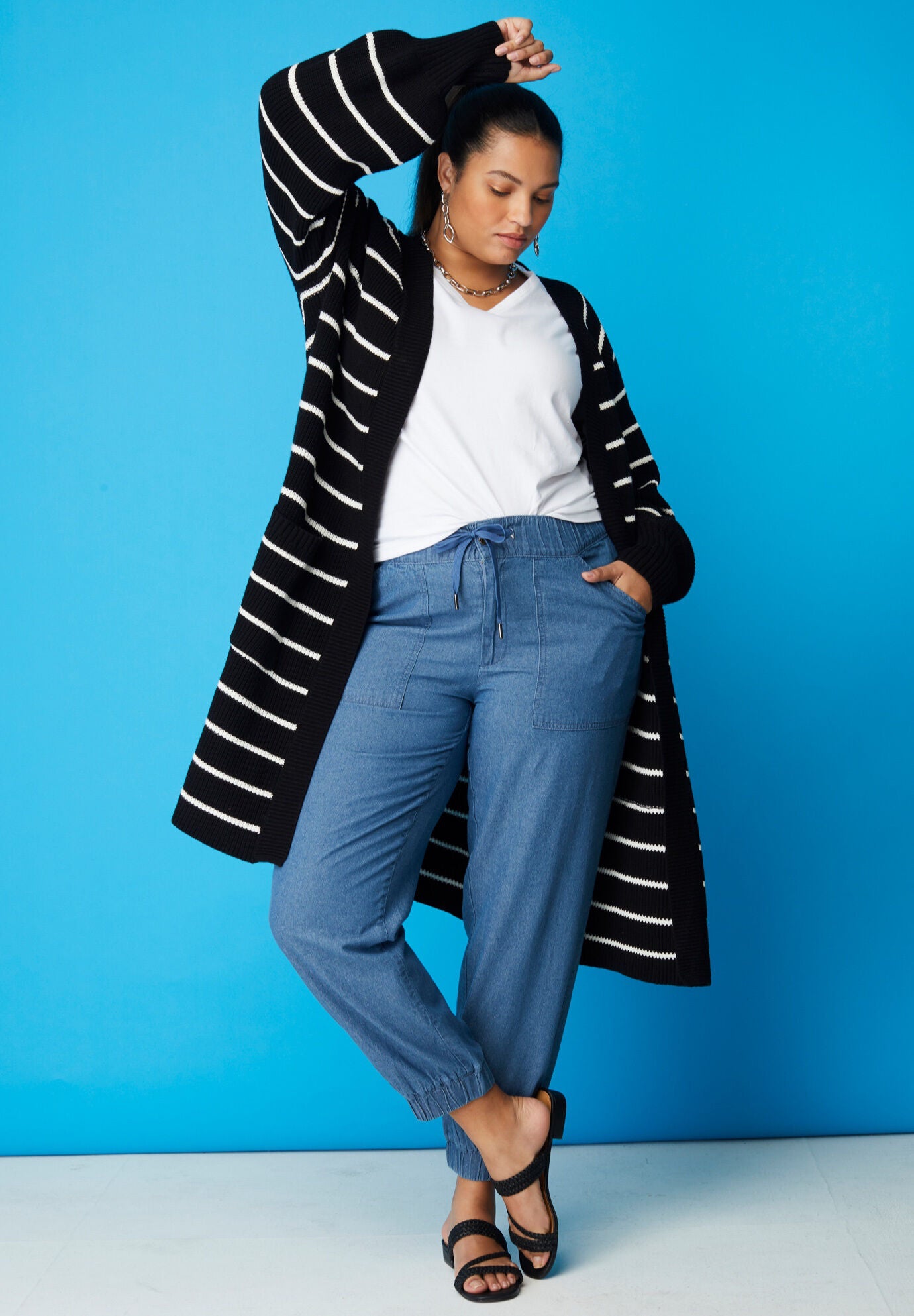 Ladies' Open-Front Cardigan, Black Ivory Stripes | Jessica London