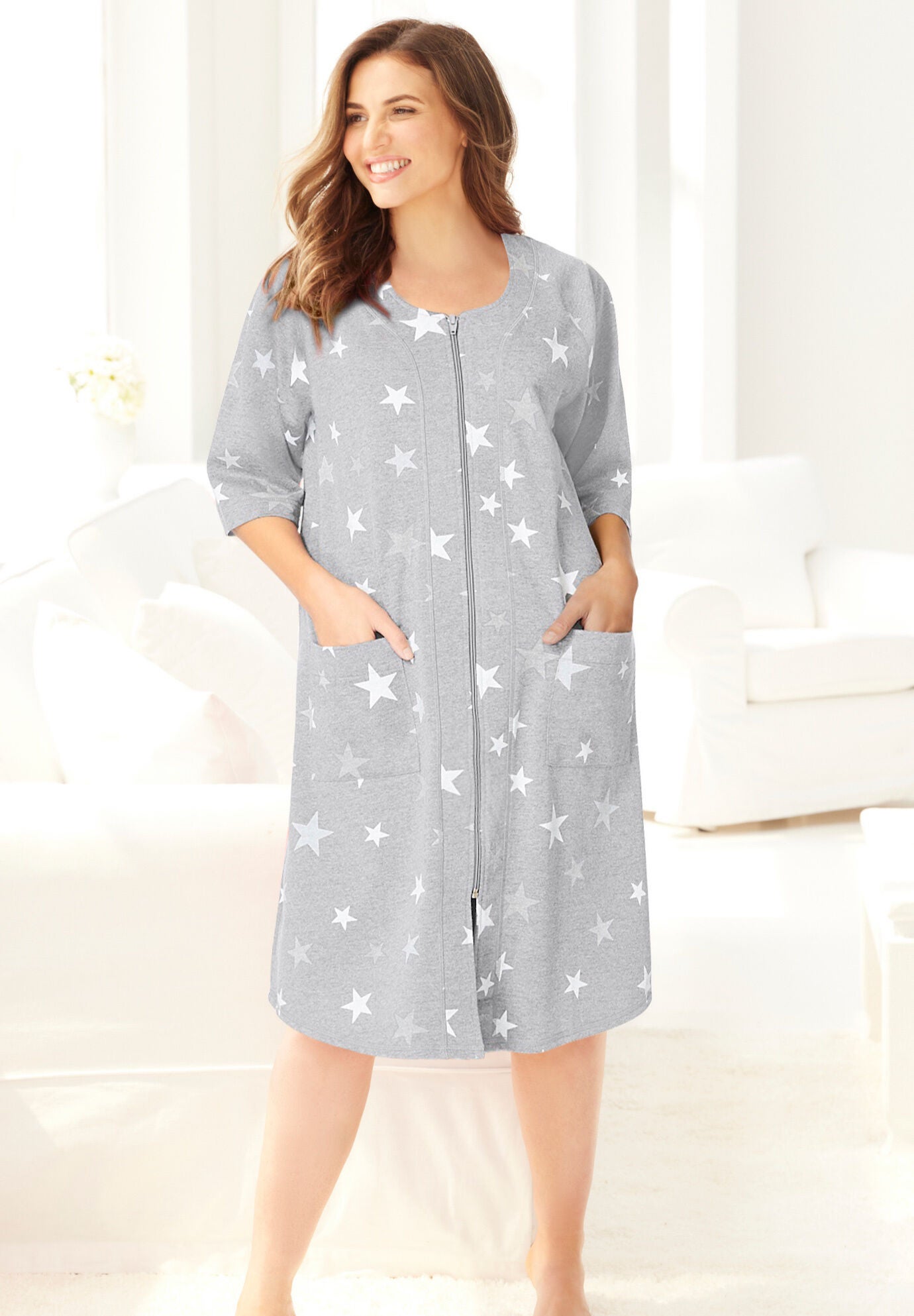 Ladies' Short French Terry Zip-Front Robe, Soft Iris | Jessica London