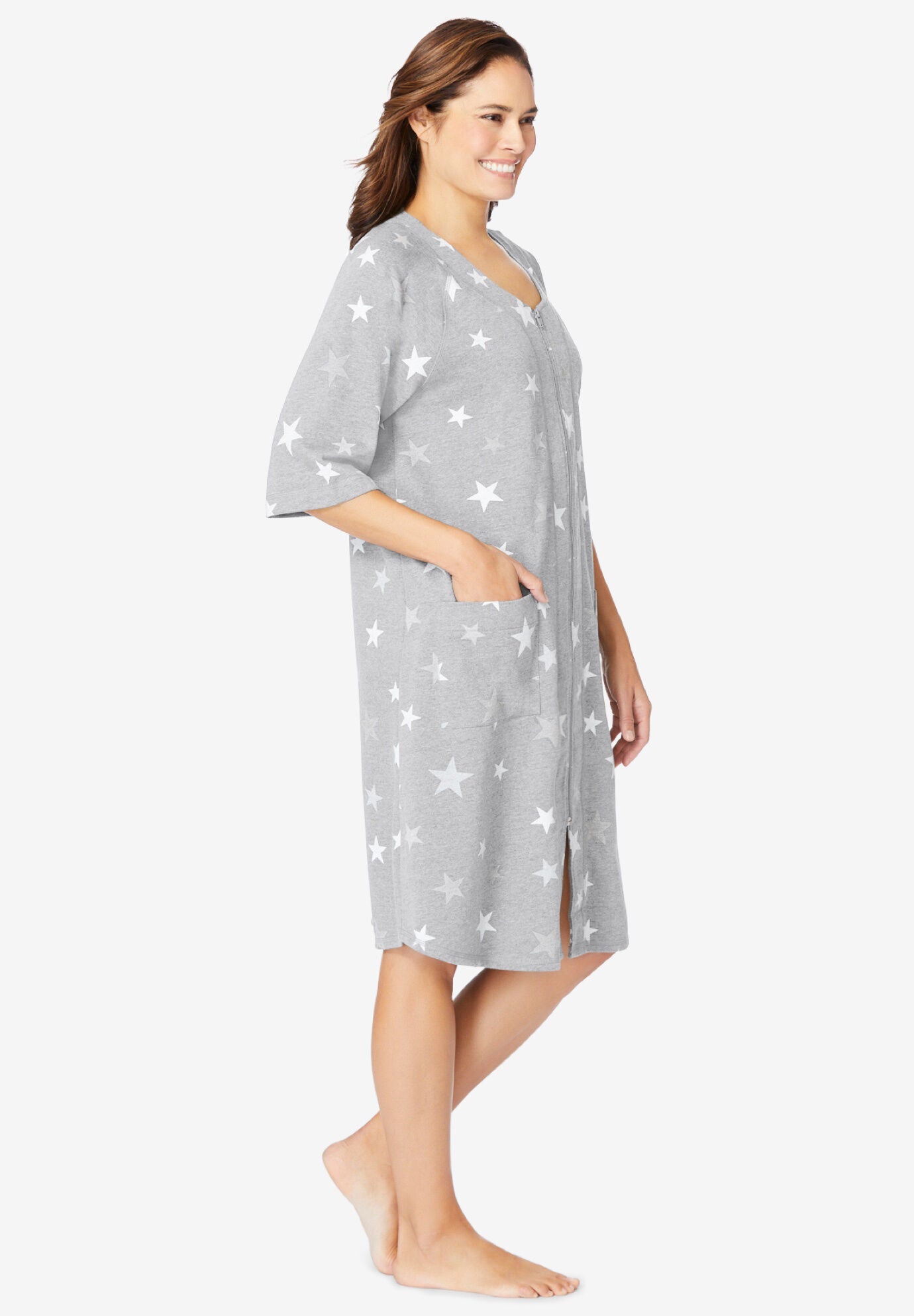 Ladies' Short French Terry Zip-Front Robe, Soft Iris | Jessica London