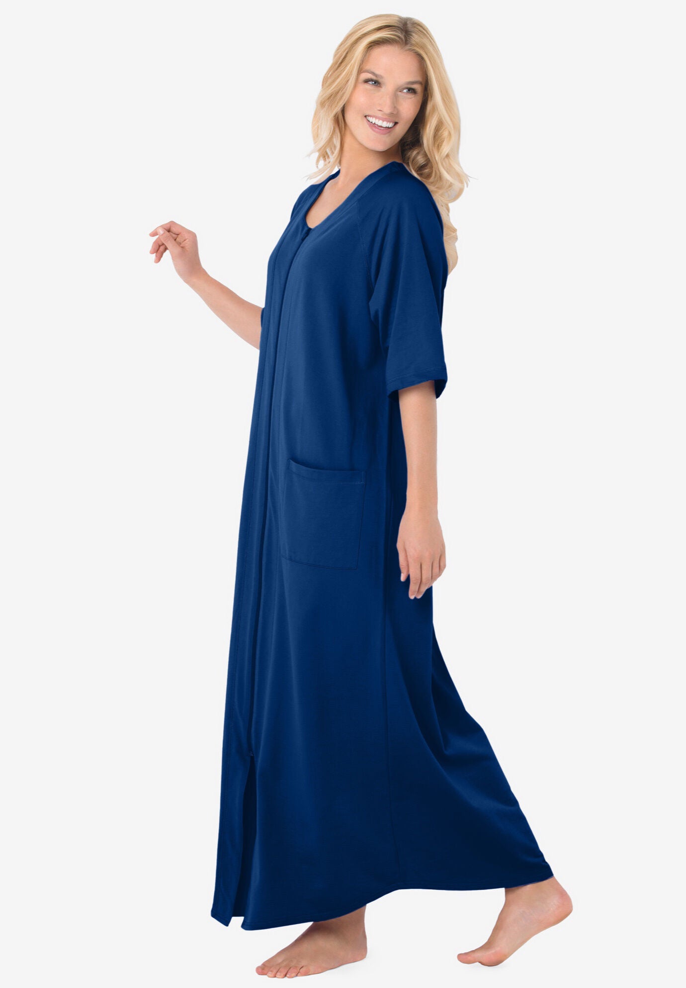 Ladies' Long French Terry Zip-Front Robe, Evening Blue | Jessica London