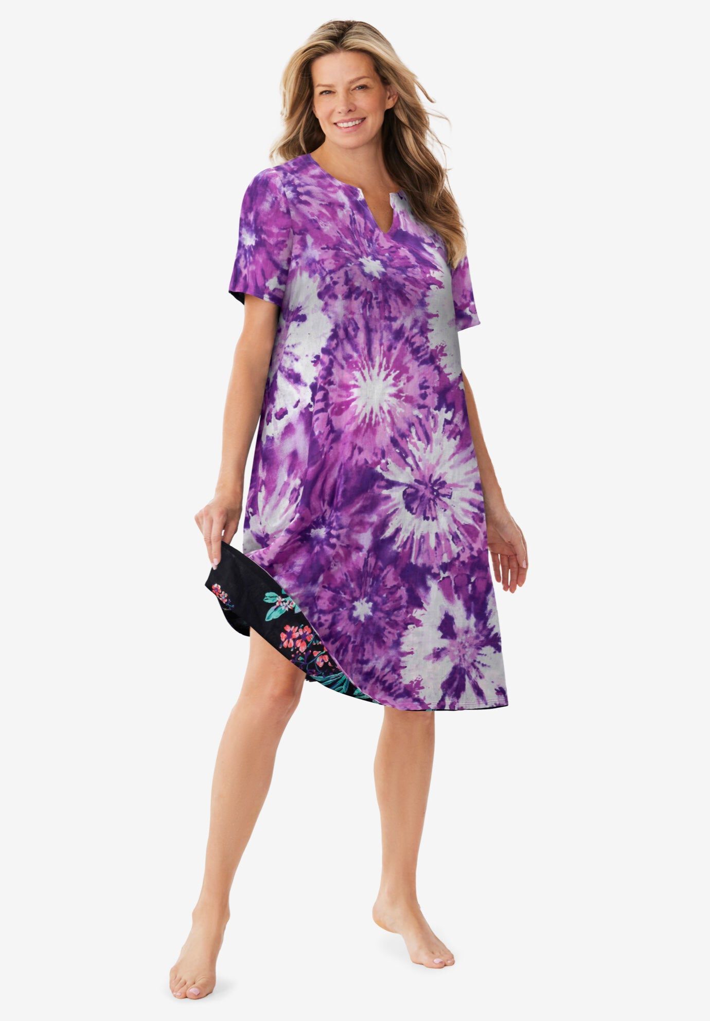 Ladies' Reversible Gauze Lounger, Plum Burst Floral | Jessica London