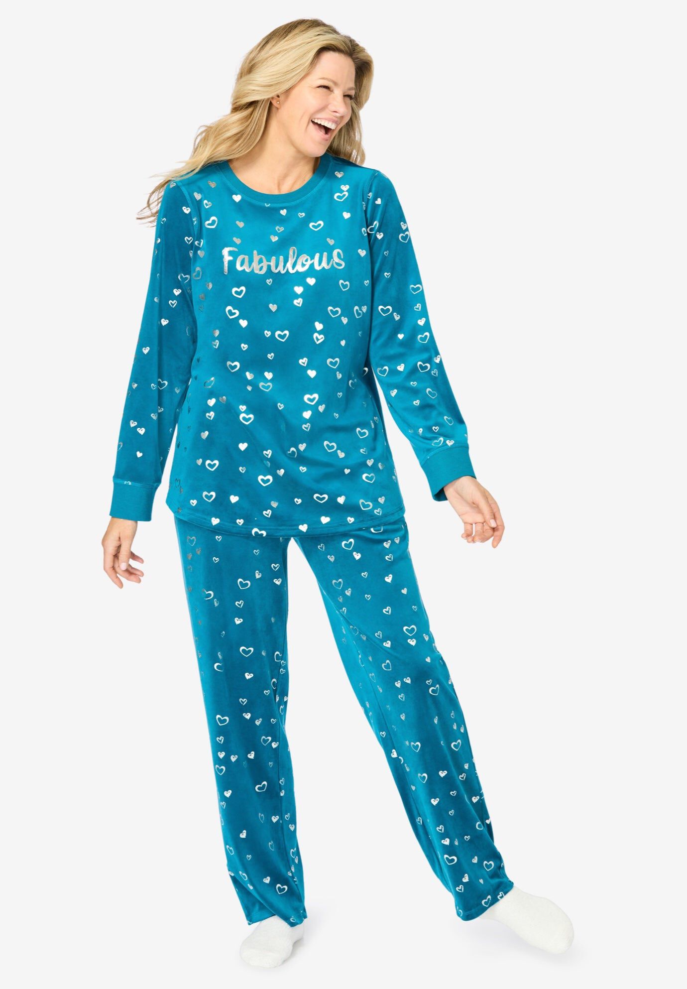 Dreams & Co. ® Velour Pajama with FREE Fuzzy Socks | Jessica London