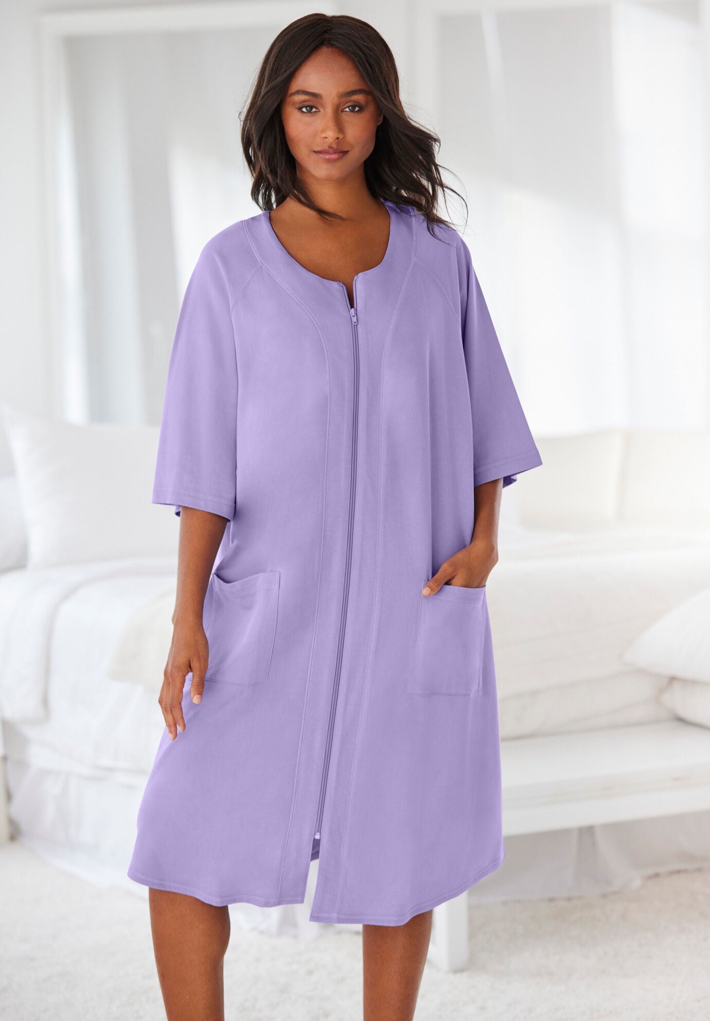 Ladies' Short French Terry Zip-Front Robe, Soft Iris | Jessica London
