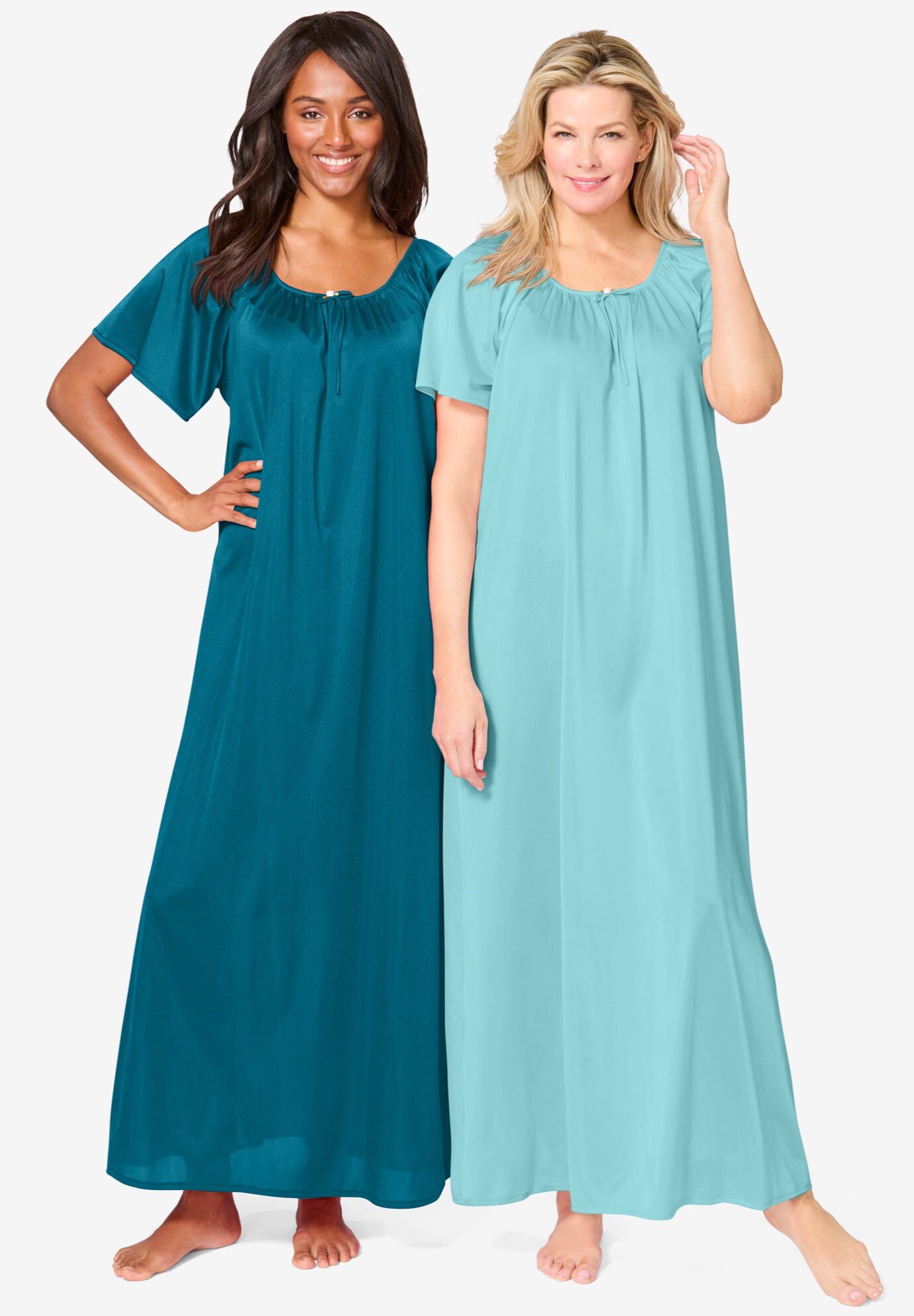 Ladies' 2-Pack Long Silky Gown, Deep Teal Pale Ocean | Jessica London