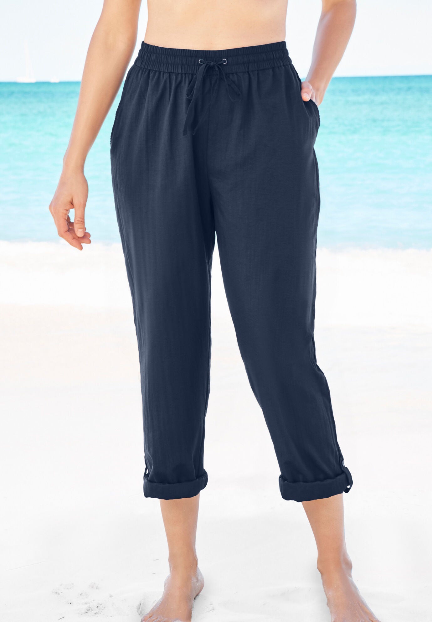 Ladies' Taslon® Cover Up Roll-Up Pant, Navy | Jessica London