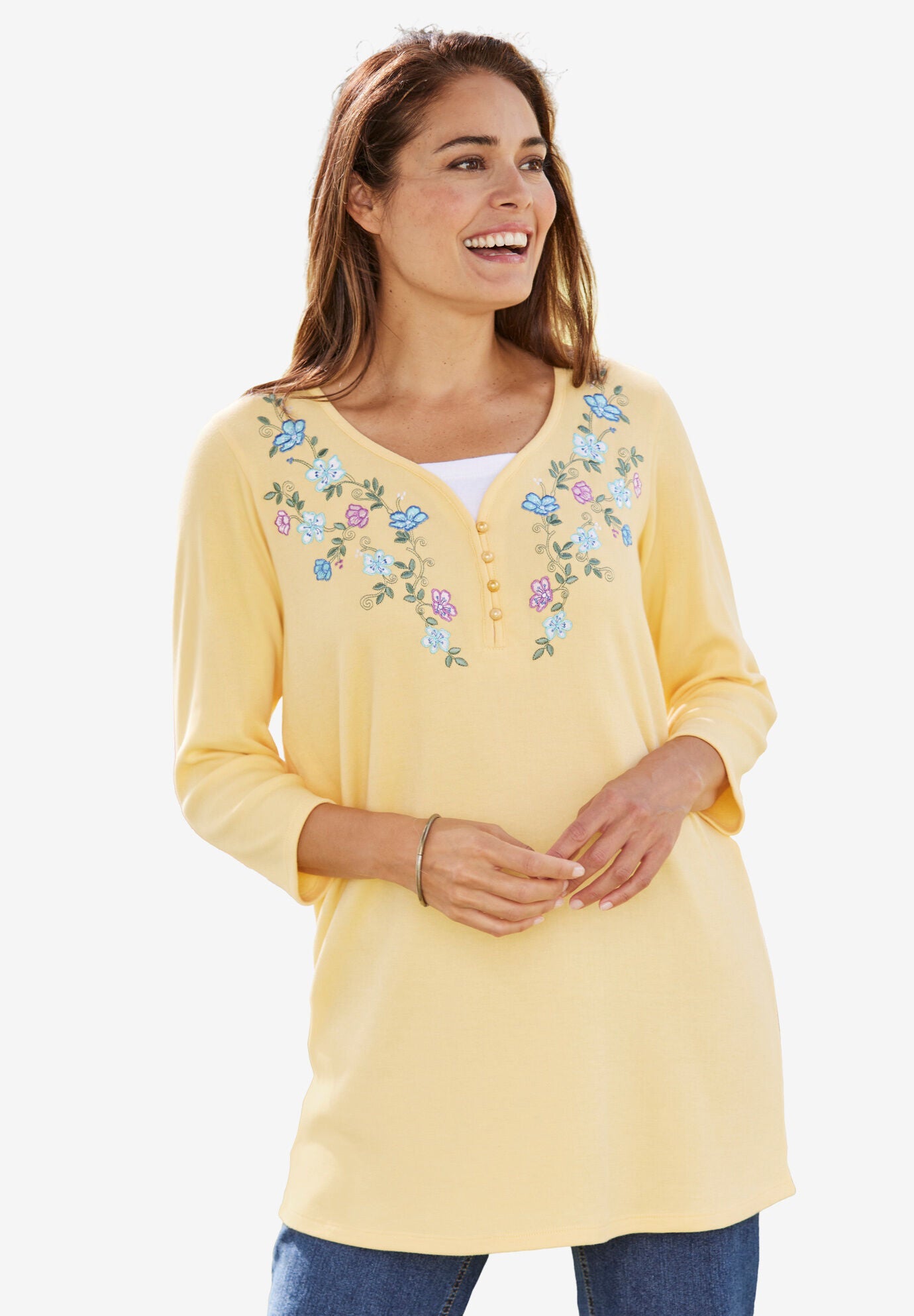 7-Day Layered-Look Embroidered Henley Tunic | Jessica London