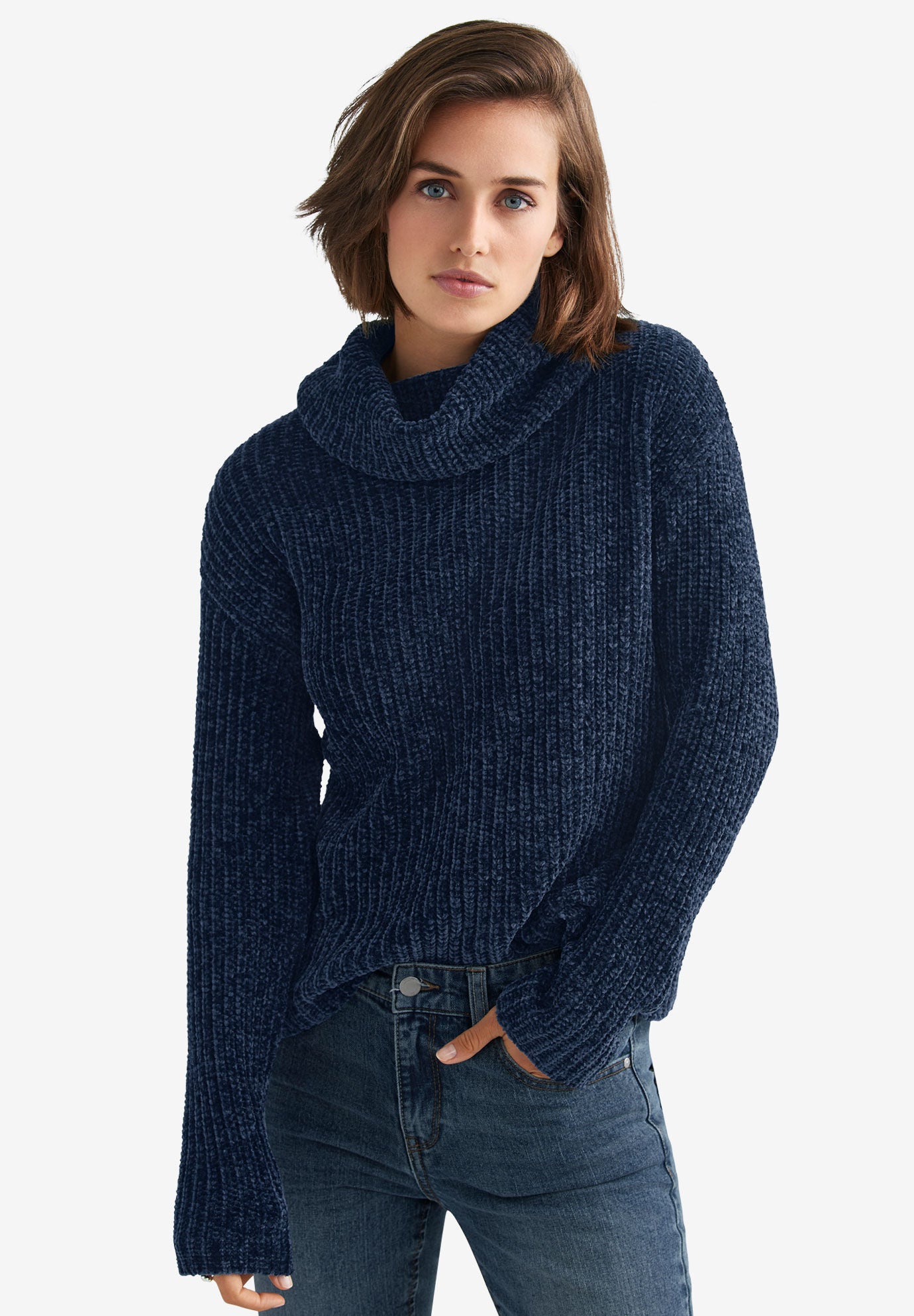 Ladies' Chenille Turtleneck Sweater, Navy | Jessica London