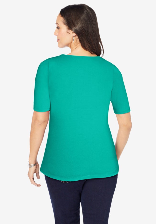 Work Stretch Cotton Square Neck Tee, Aqua Sea | Jessica London