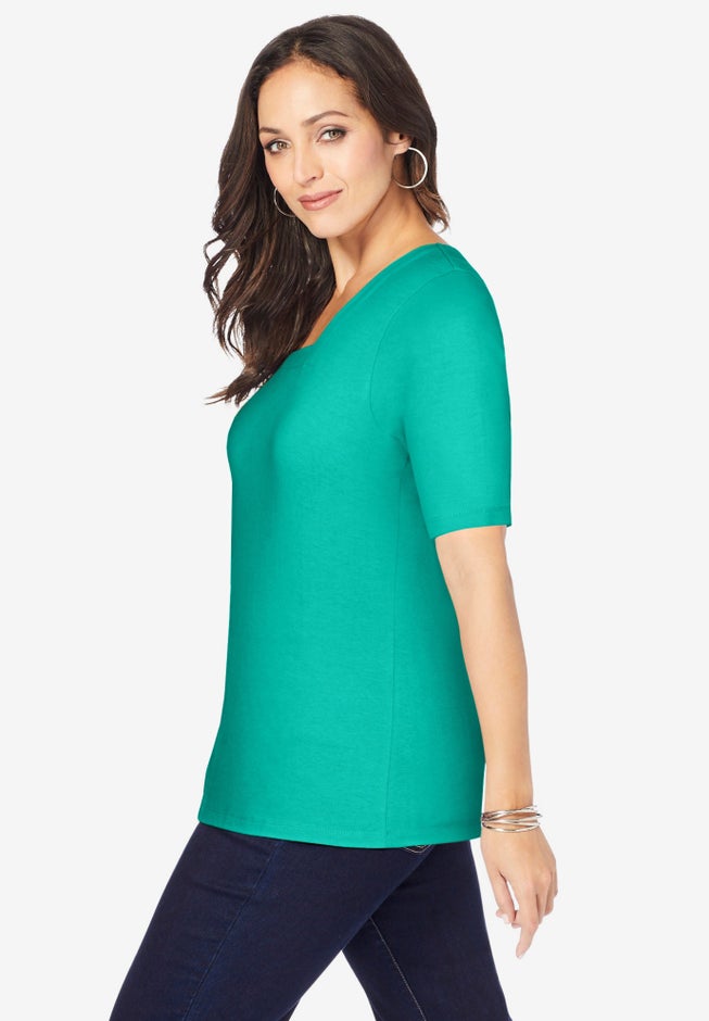 Work Stretch Cotton Square Neck Tee, Aqua Sea | Jessica London