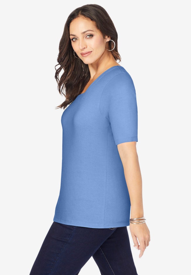 Work Stretch Cotton Square Neck Tee, French Blue | Jessica London