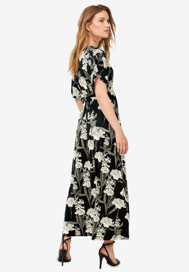 Special Occasion Knit Tie-Back Maxi, Black Ivory Floral | Jessica London