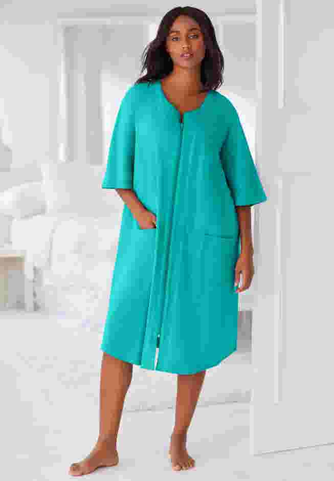 Ladies' Short French Terry Zip-Front Robe, Soft Iris | Jessica London