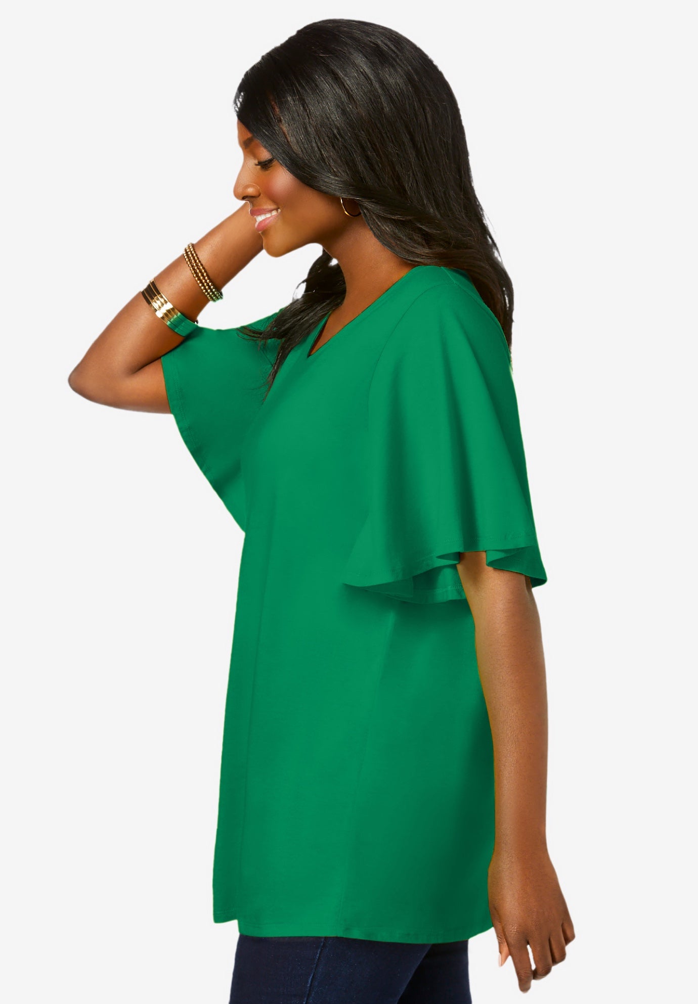 Ladies' Stretch Knit Flutter Sleeve Tunic, Kelly Green | Jessica London