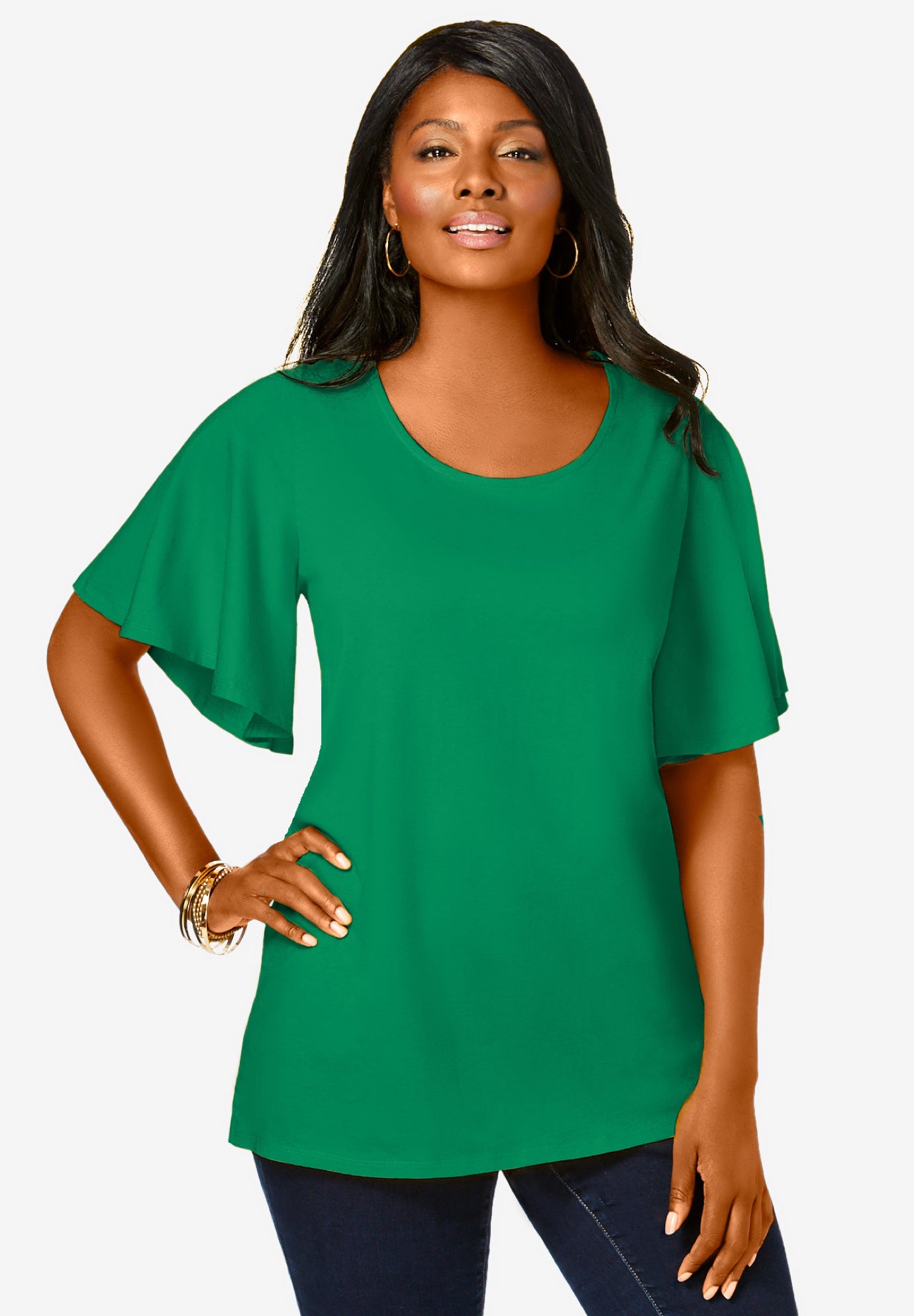 Ladies' Stretch Knit Flutter Sleeve Tunic, Kelly Green | Jessica London