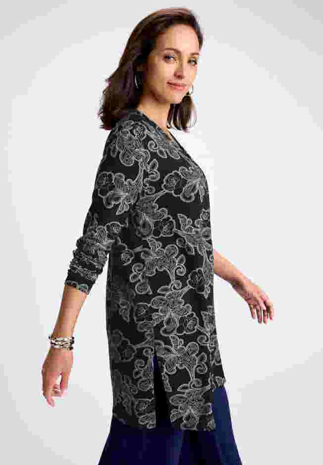 Work Everyday Stretch Knit Open Front Cardigan, Black Bias Stripe ...