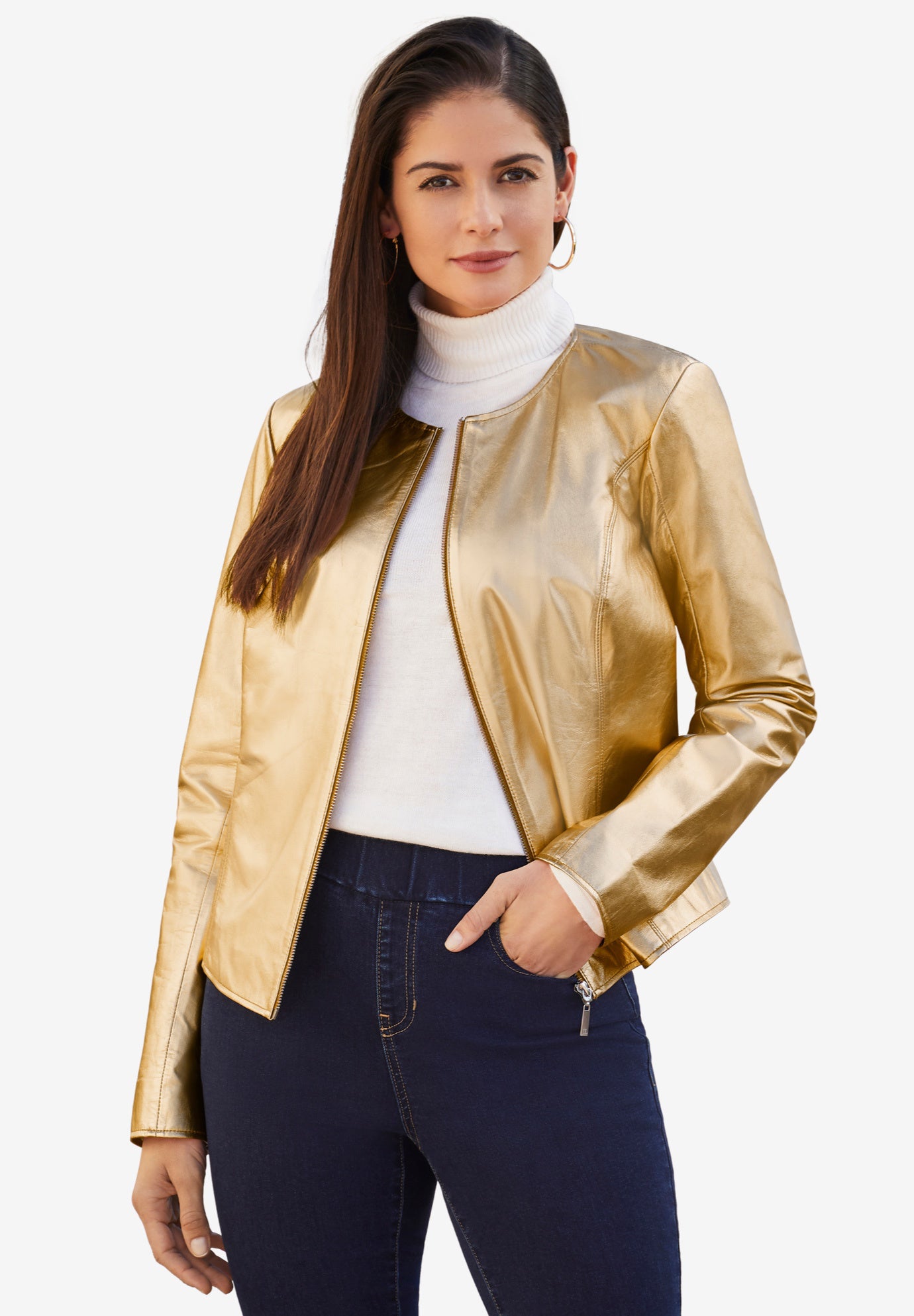 Ladies' Collarless Leather Jacket, Gold | Jessica London