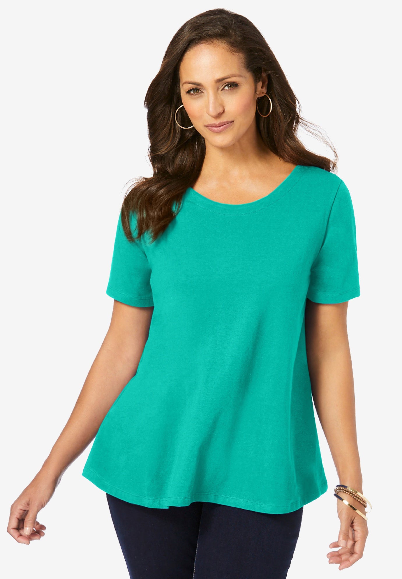 Ladies' Stretch Cotton Trapeze Tee, Aqua Sea | Jessica London